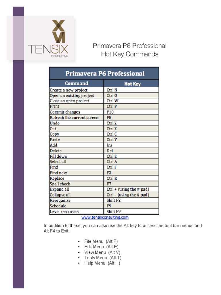 Primavera P6 Hot Key Commands | PDF