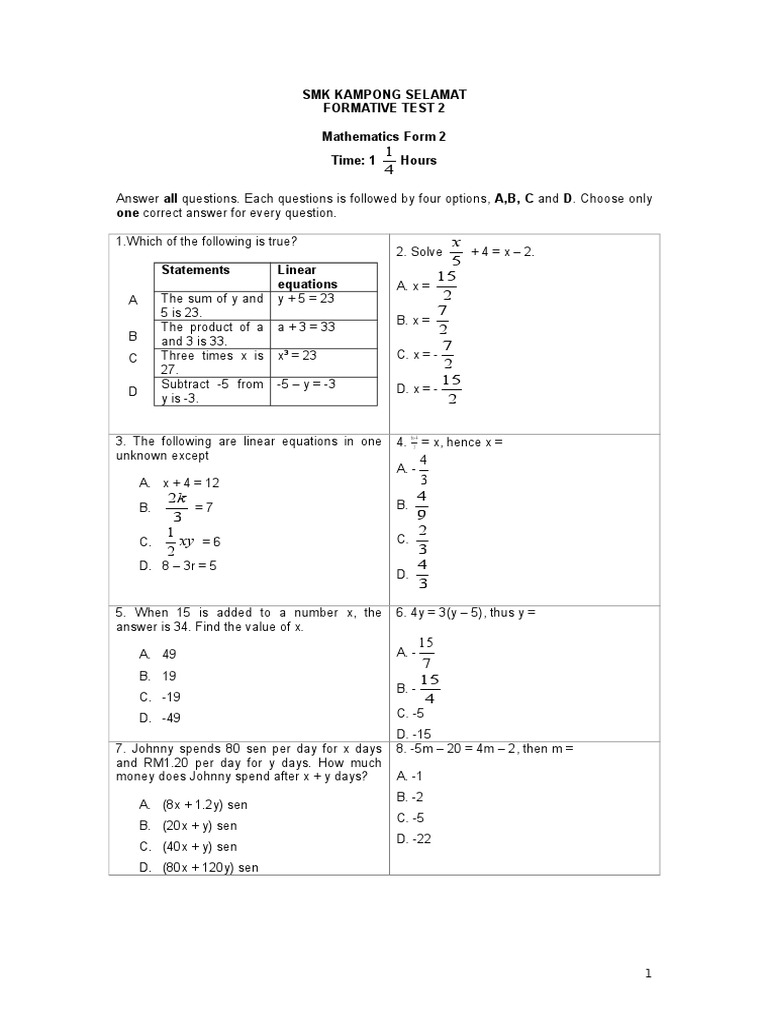 SMK Kampong Selamat Formative Test 2 Mathematics Form 2 Time: 1 Hours ...