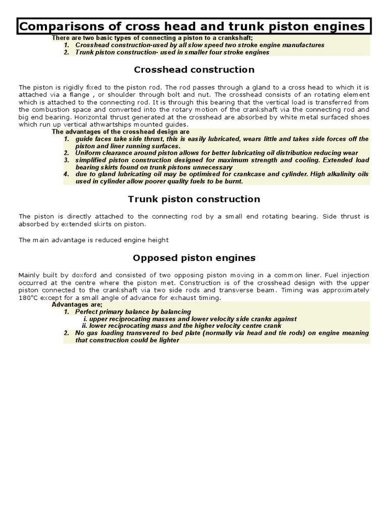 Comparisons of Cross Head and Trunk Piston Engines | PDF