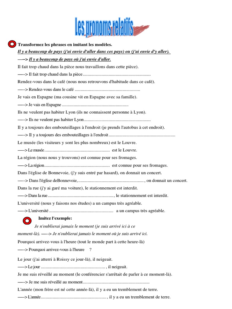 Exercices sur les pronoms relatifs | PDF | Arts du langage et discipline