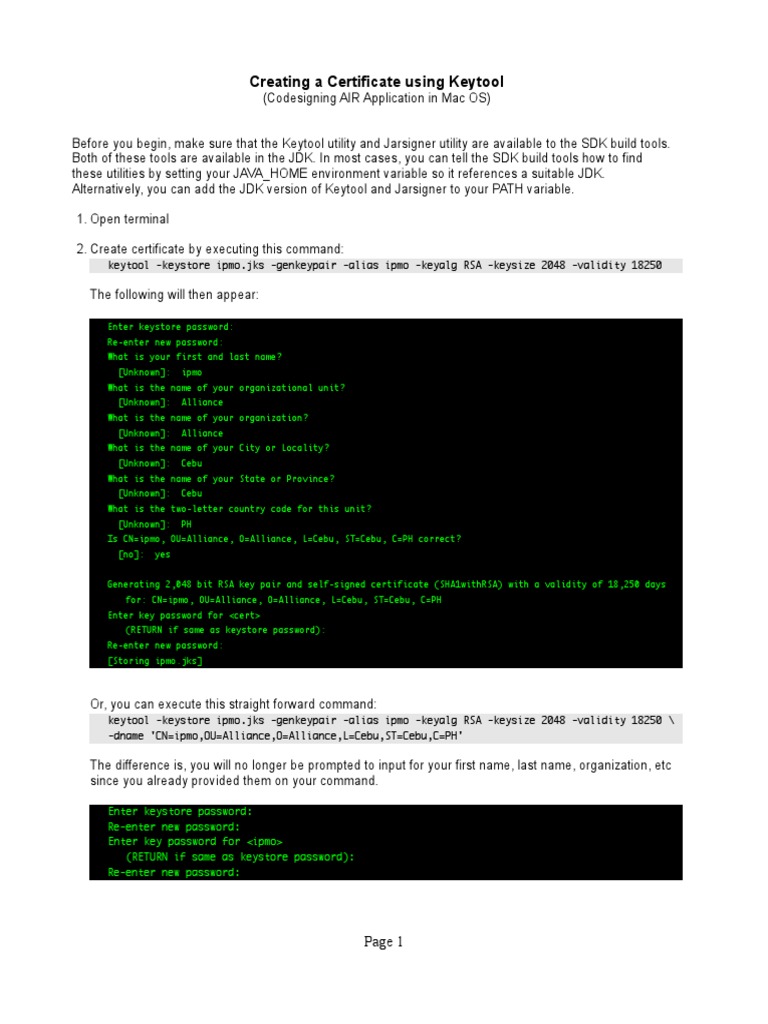 Creating Certificate Using Keytool - Mac OS | PDF | Operating System Technology | Information ...