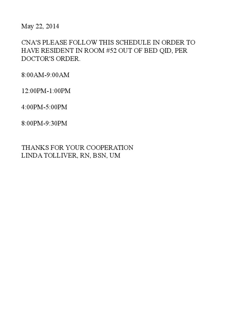 CNA Schedule for Room #52 Care | PDF
