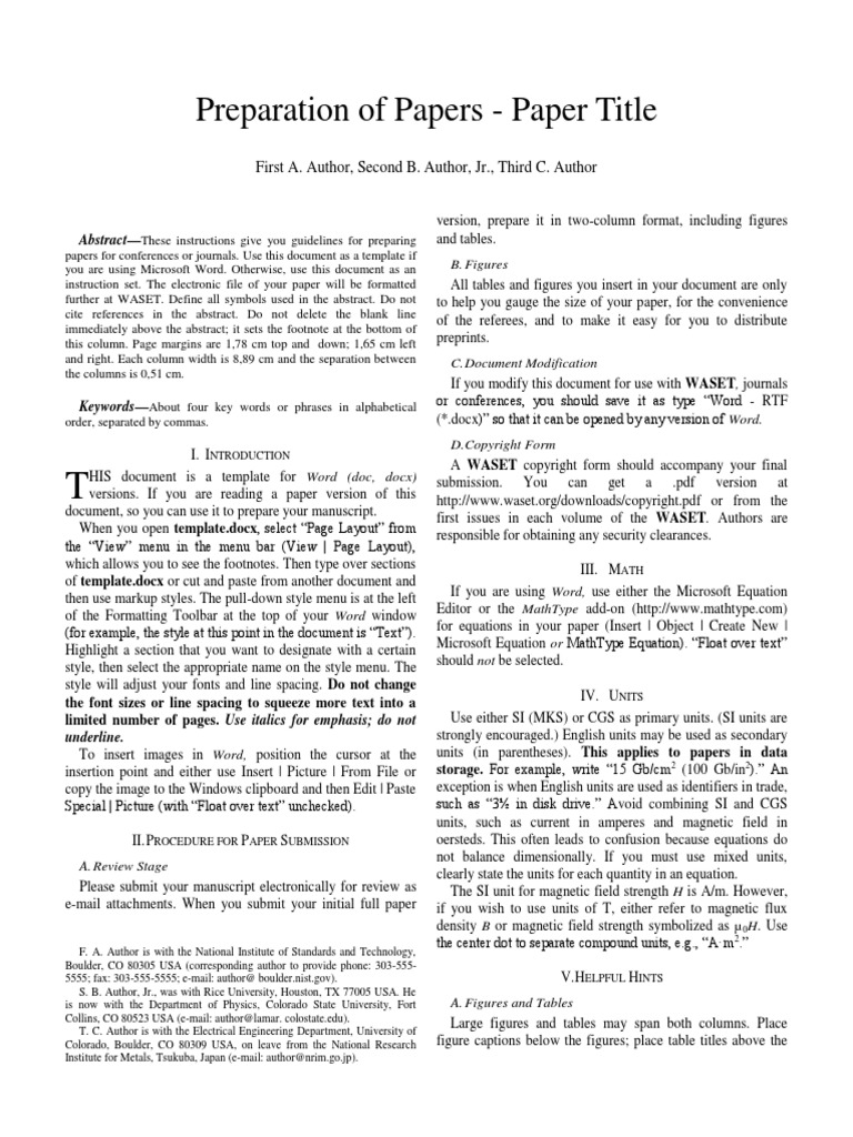 Preparation of Papers - Paper Title: First A. Author, Second B. Author ...