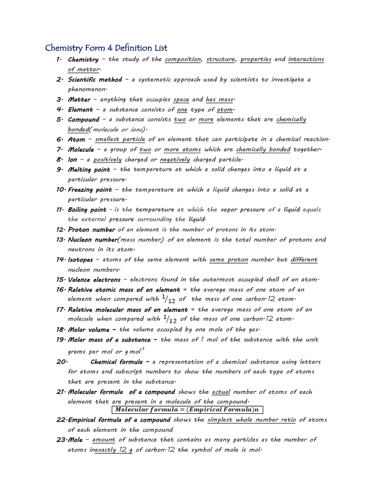 Chemistry Form 4 Definition List | PDF | Atoms | Molecules