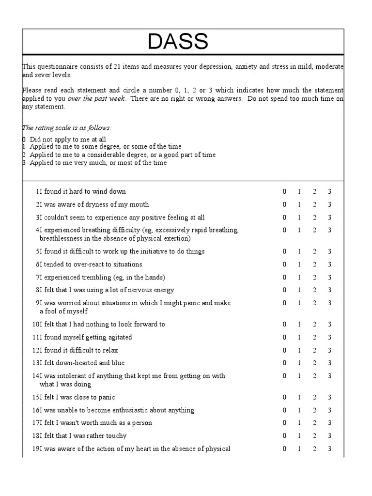 DASS Questionnaire for Depression, Anxiety, Stress | PDF | Cognition ...