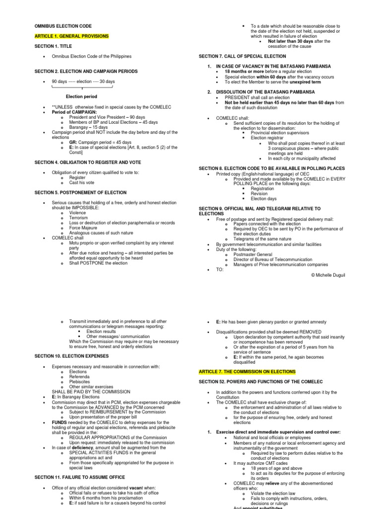 Omnibus Election Code Reviewer | PDF | Commission On Elections ...