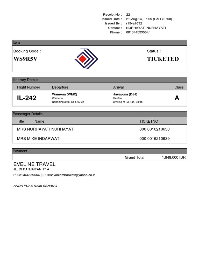 Flight Booking Receipt for Nurhayati | PDF | Travel