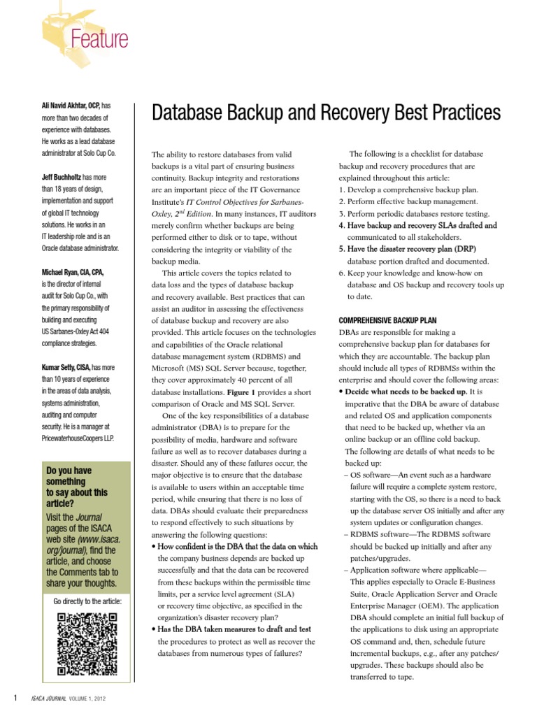 Feature: Database Backup and Recovery Best Practices | PDF | Oracle Database | Databases