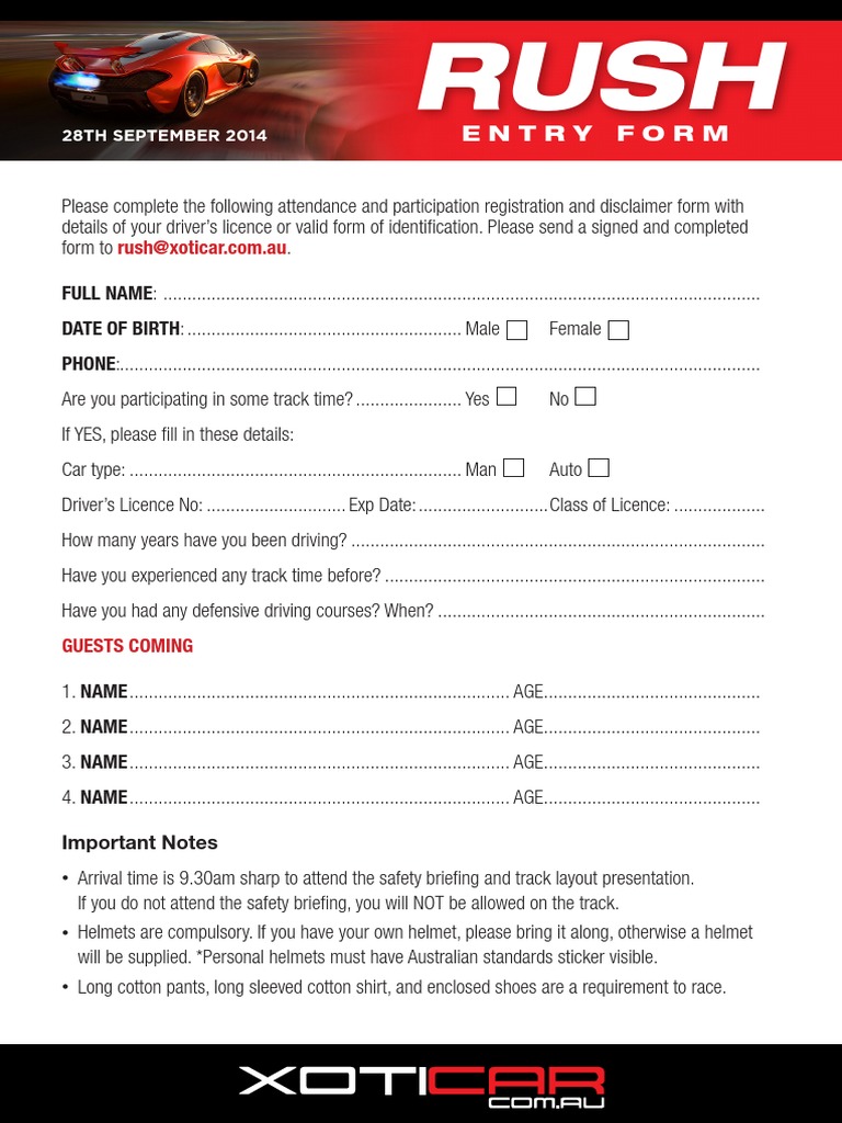 Xoticar Track Day Entry Form | PDF | Traffic Collision | Negligence