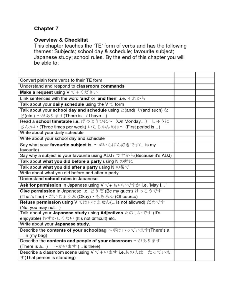 Chapter 7 Overview & Checklist | PDF | Japanese Language | Classroom