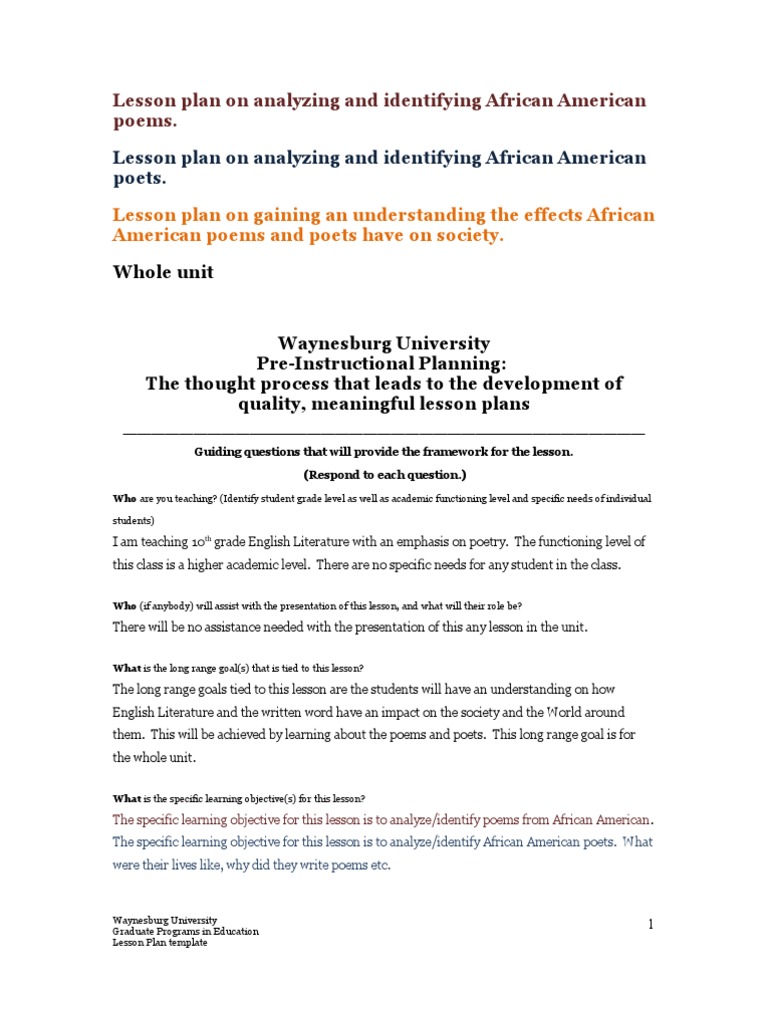African American Poems-Poets Lesson Plan | PDF | Lesson Plan | Reading ...