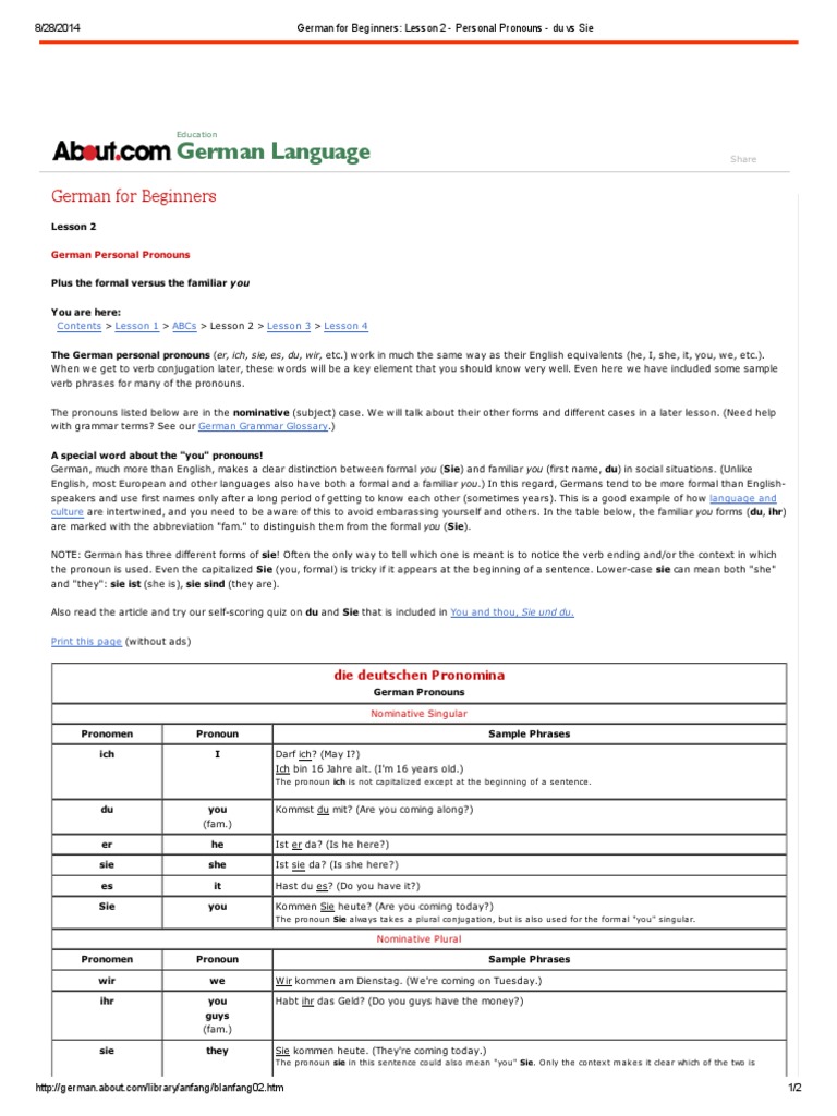 German Pronouns for Beginners | PDF | English Language | German Language
