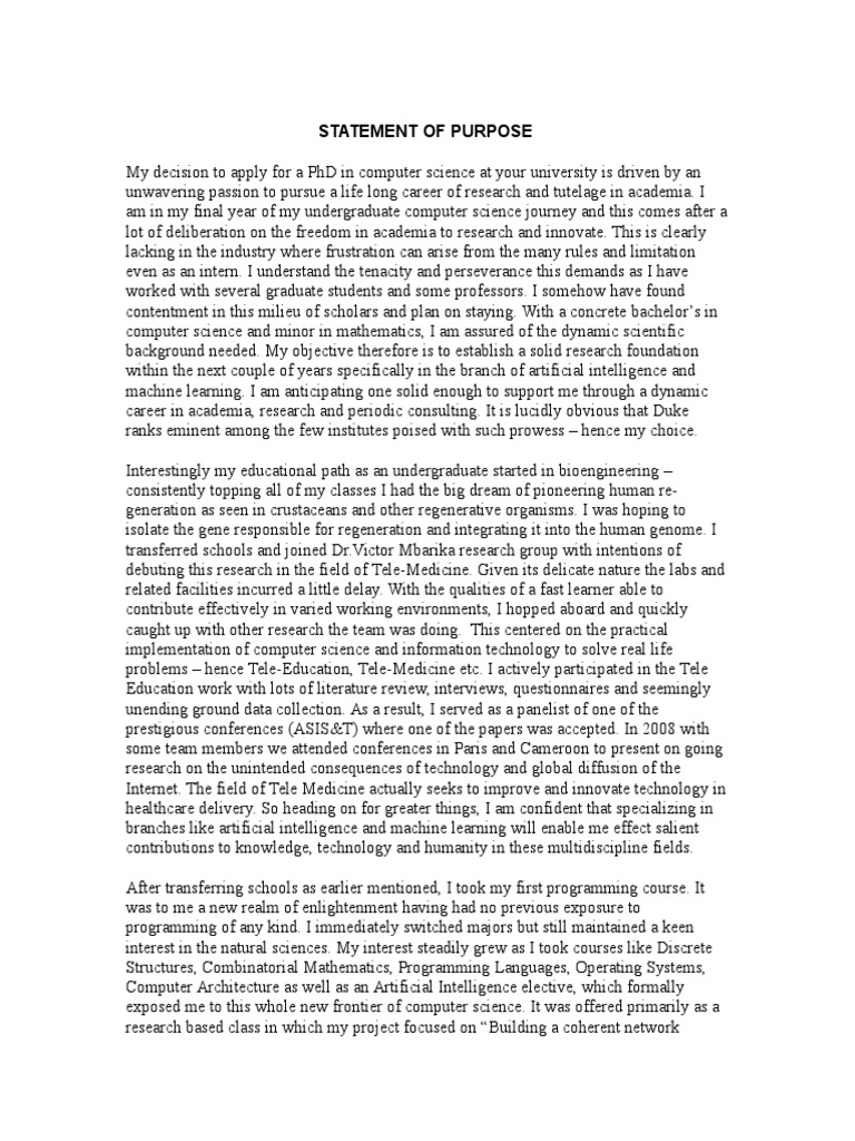 Statement of Purpose - Duke | PDF | Artificial Intelligence ...