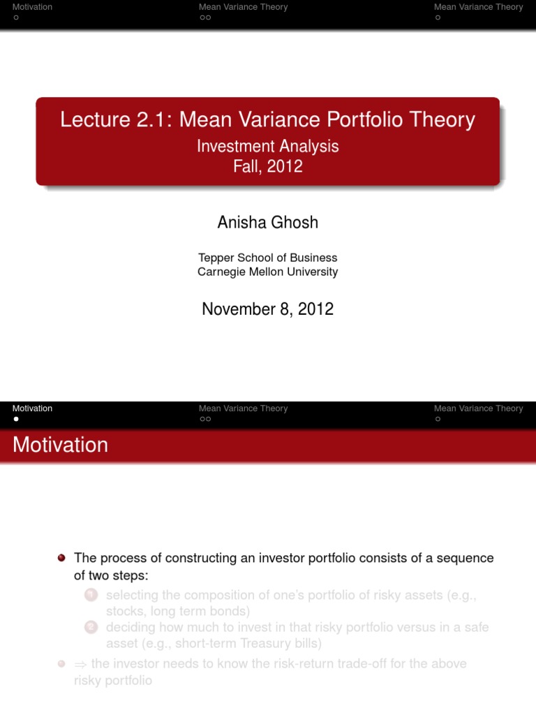 Lecture 2.1: Mean Variance Portfolio Theory: Investment Analysis Fall ...