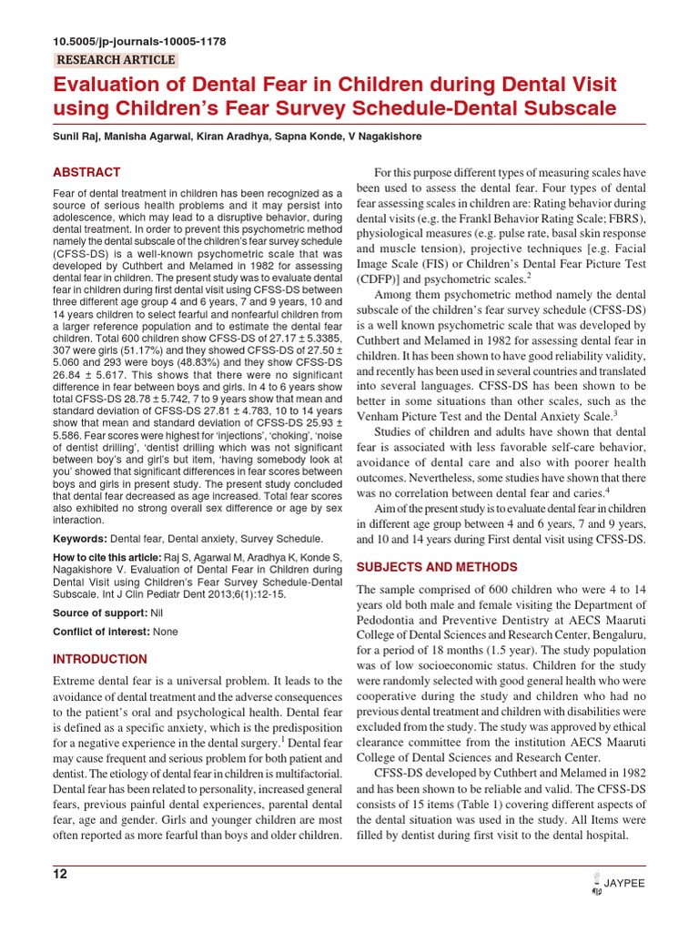 Evaluation of Dental Fear in Children During Dental Visit | PDF | Fear ...