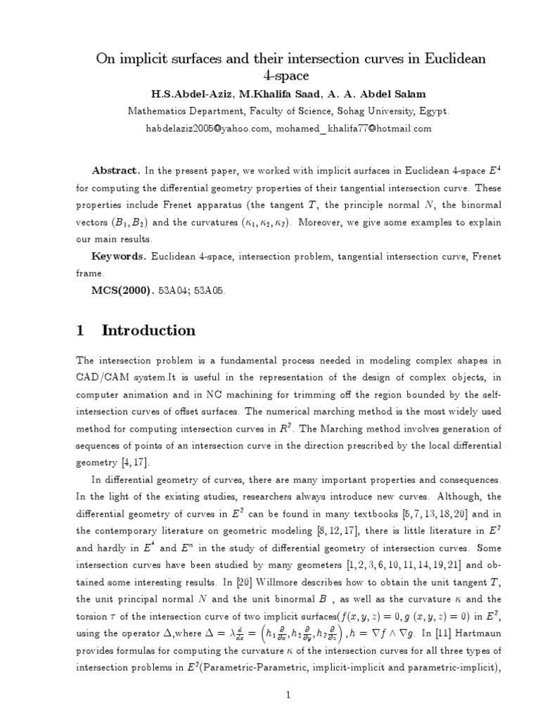 On Implicit Surfaces and Their Intersection Curves in Euclidean | PDF | Curvature | Tangent
