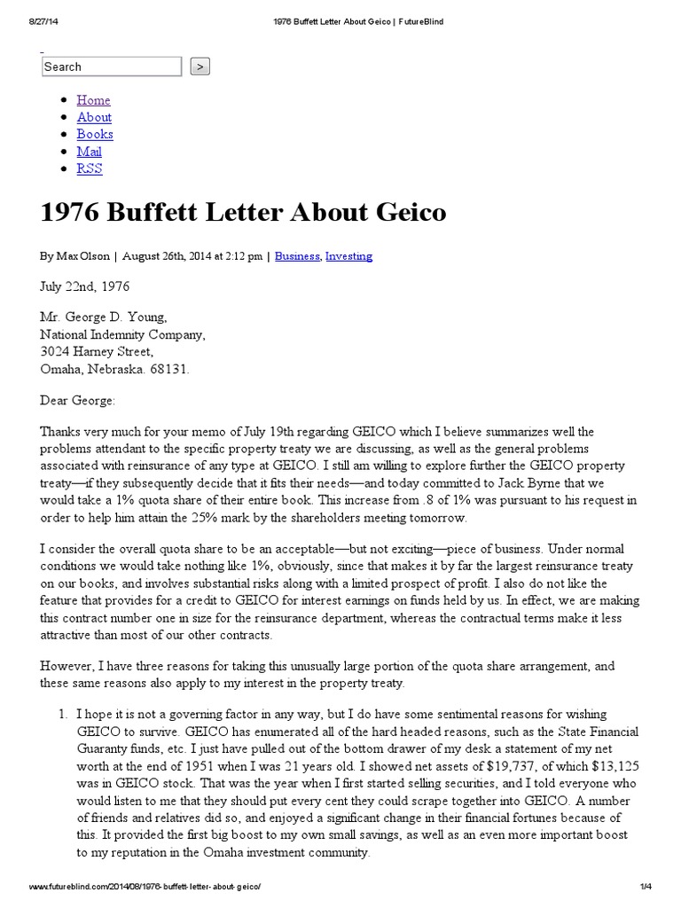 1976 Buffett Letter About Geico - FutureBlind | PDF | Reinsurance ...