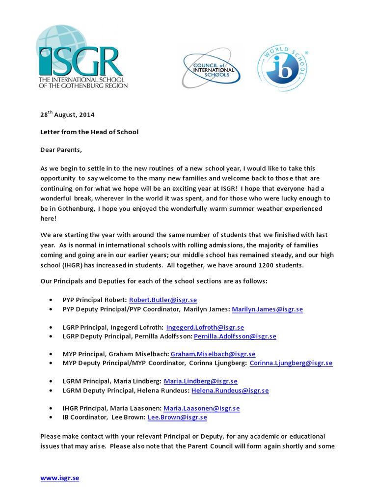 ISGR School Year Welcome Letter | PDF | Cognition | Learning