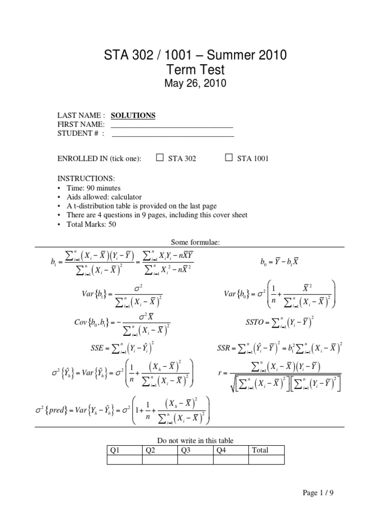 STA 302 / 1001 - Summer 2010 Term Test | PDF | Errors And Residuals ...