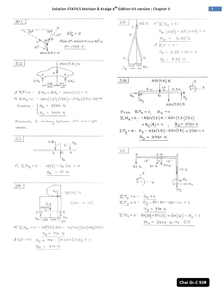 Solution Statics Meriam 6th Chapter03 For Print | PDF
