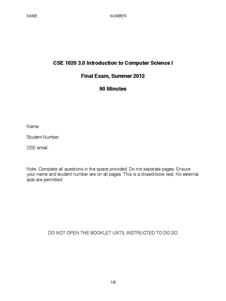 CSE 1020 3.0 Introduction To Computer Science I Final Exam, Summer 2012 ...