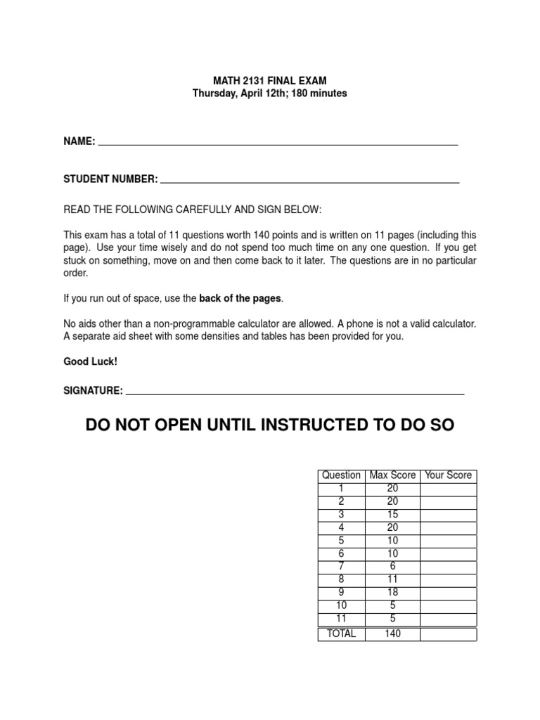 Do Not Open Until Instructed To Do So: Math 2131 Final Exam Thursday ...