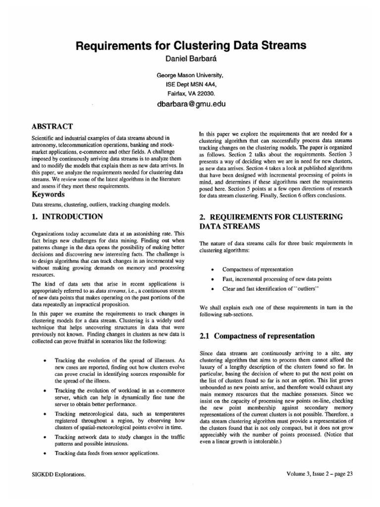 Requirements For Clustering Data Streams: Dbarbara@gmu - Edu | PDF ...