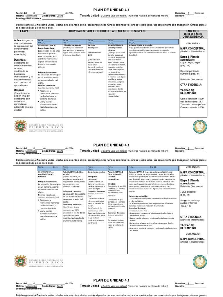Modelo de Planificacion de Unidad Cuarto Grado | PDF | Decimal ...