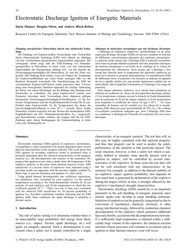 Electrostatic Discharge Ignition of Energetic Materials | PDF ...