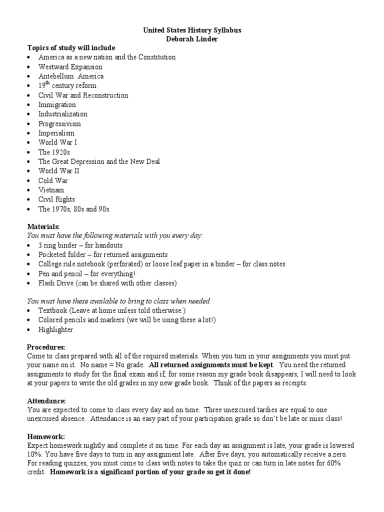 Syllabus For 11th Us History | PDF | Homework | Behavior Modification