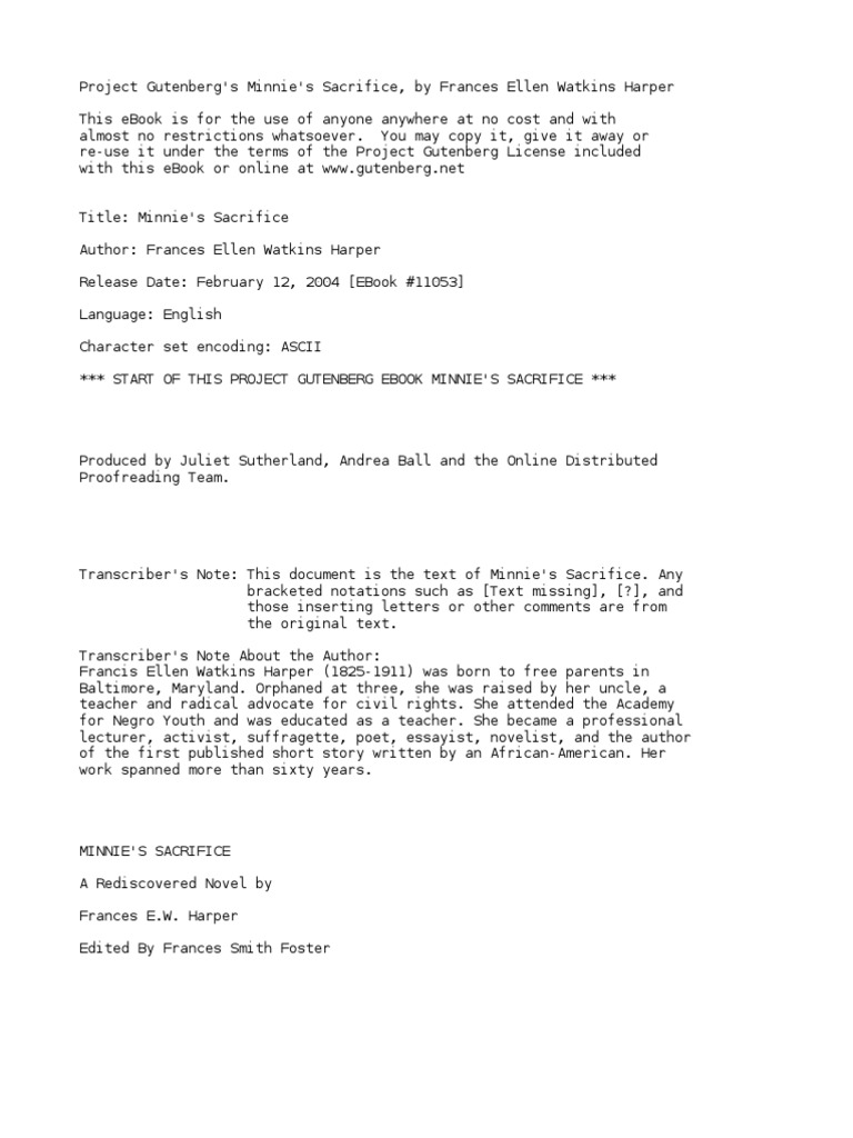 Minnie's Sacrifice by Harper, Frances Ellen Watkins, 1825-1911 | PDF ...