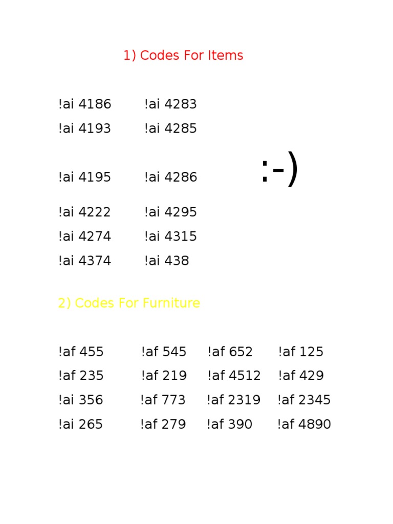 Item and Furniture Codes List | PDF