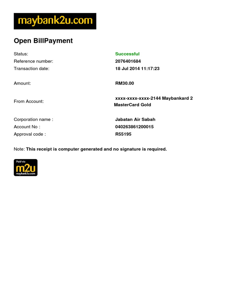Jabatan Air Sabah Bill Payment Receipt | PDF