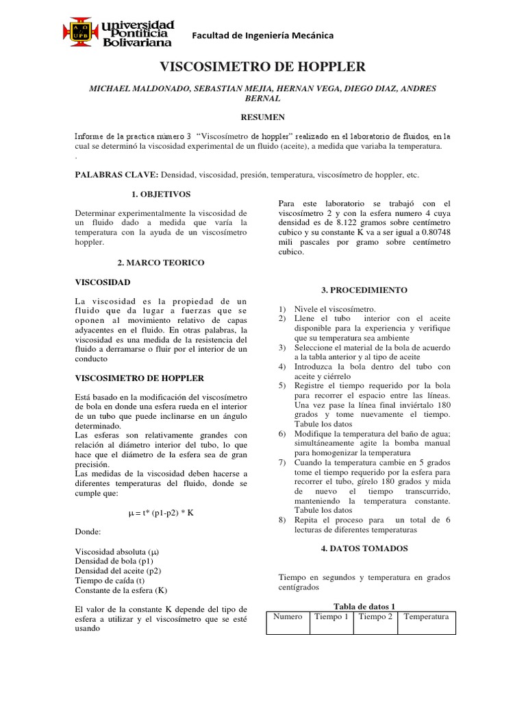Viscosidad del Aceite con Hoppler | PDF | Viscosidad | Fluido
