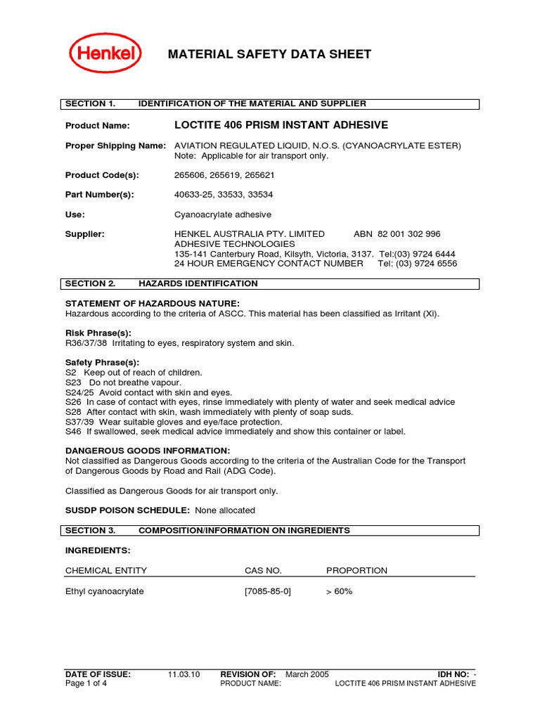 Loctite 406 Prism Instant Adhesive | PDF | Dangerous Goods | Personal ...
