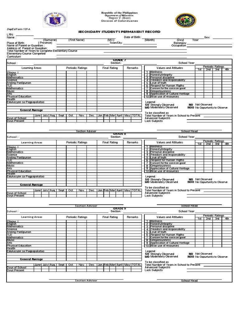 Form-137-K-to-12-Sec | Physical Education | Integrity