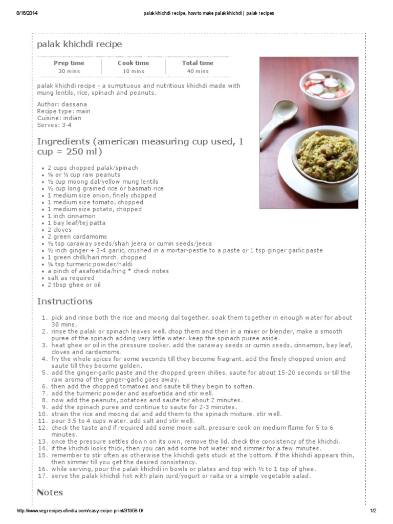 Palak Khichdi | PDF | Desi Cuisine | Cuisine
