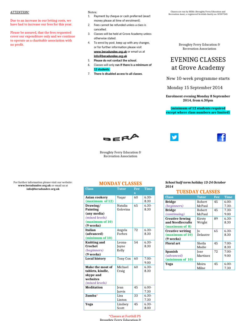 BERA Programme of Evening Classes at Grove Academy in Broughty Ferry ...