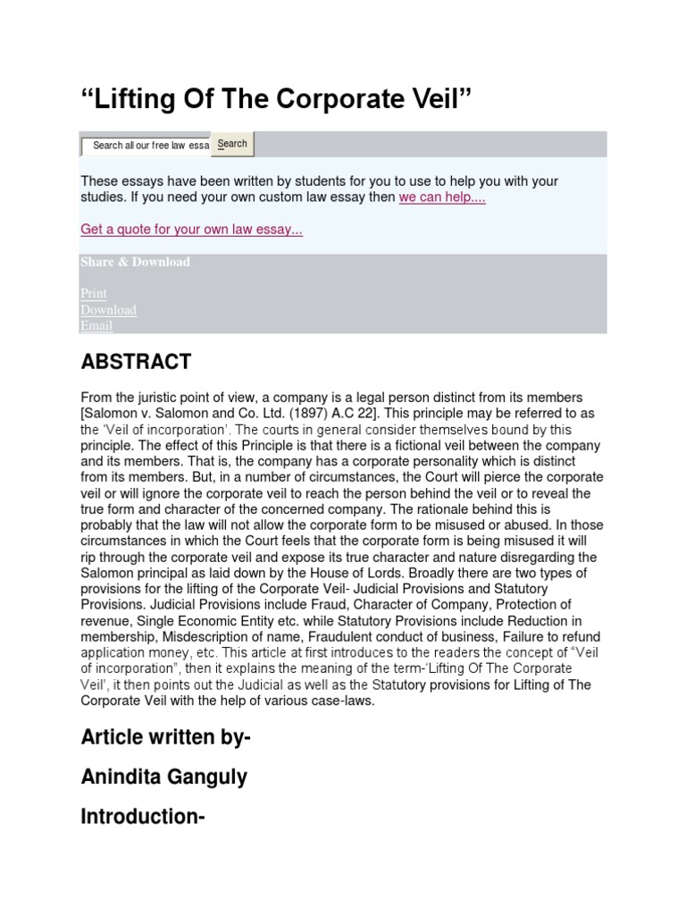 Lifting Corporate Veil Explained Pdf Piercing The Corporate Veil
