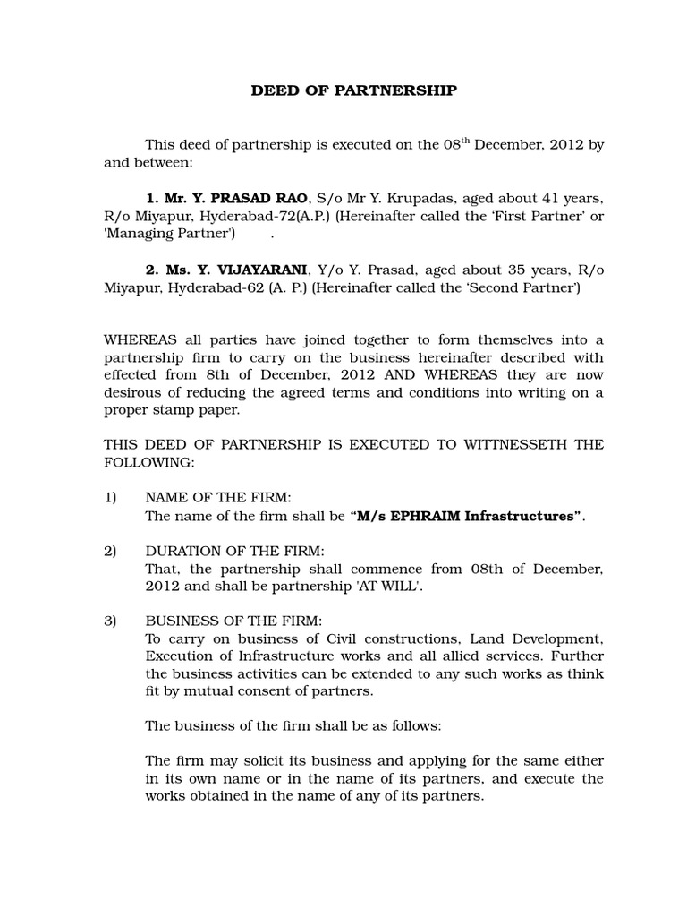 Deed of Partnership | PDF | Lease | Civil Law (Common Law)