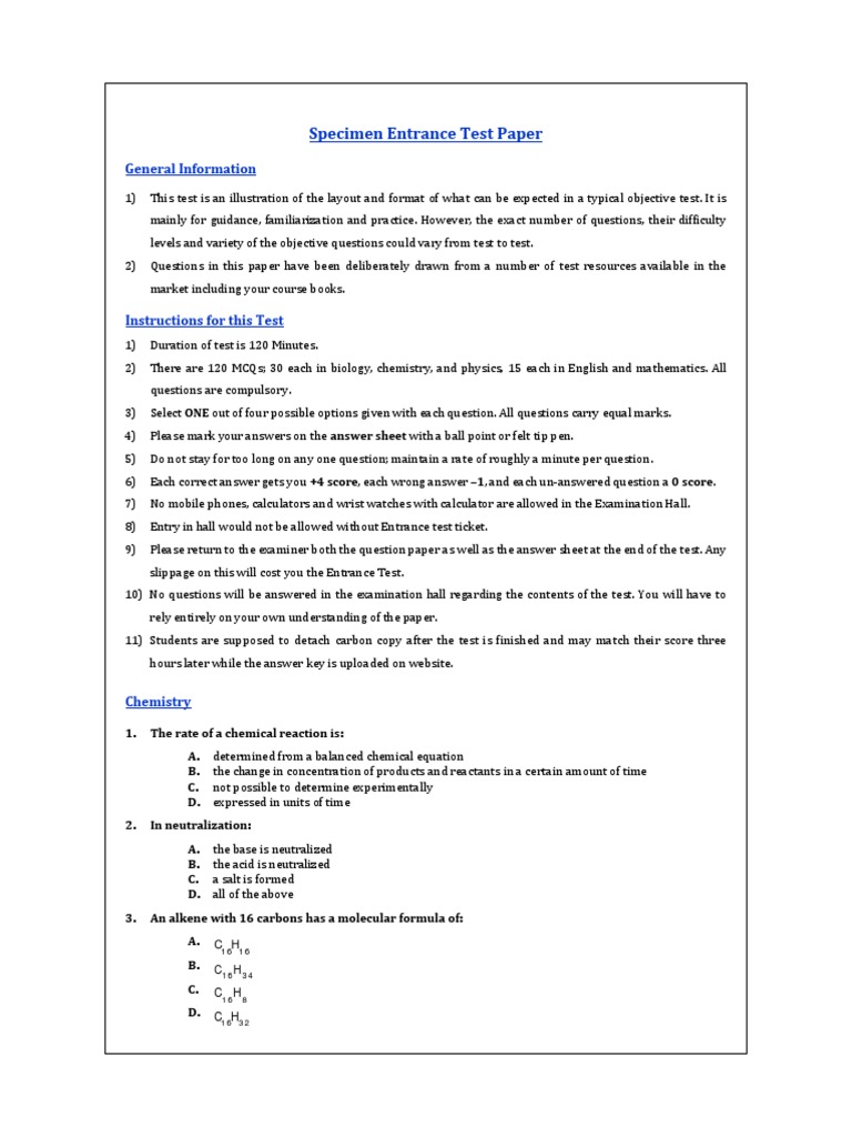 Shifa College of Medicine NTS Entry Test Sample Paper | PDF | Carbon ...