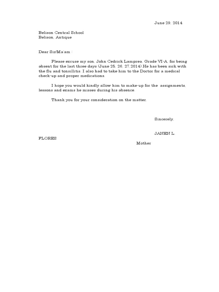 School Absence Letter Sample