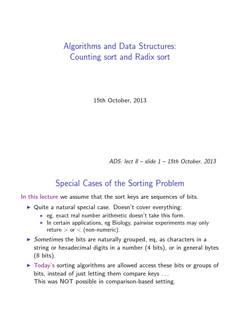 Algorithms and Data Structures: Counting Sort and Radix Sort | Download Free PDF | Array Data ...