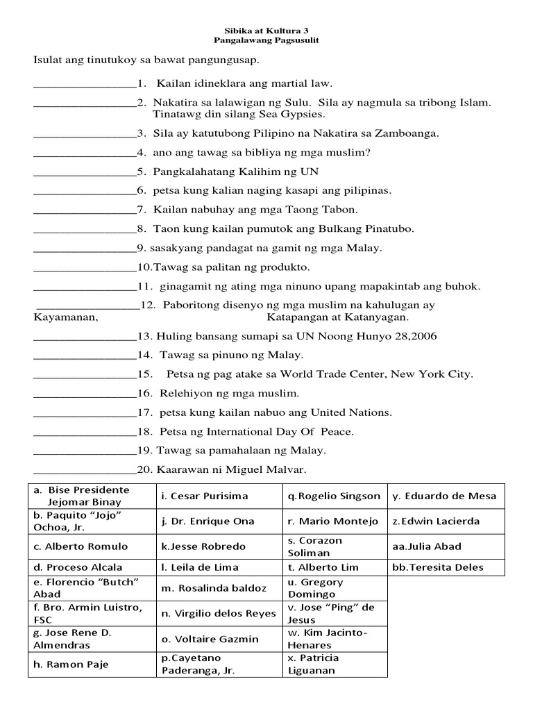 Sibika at Kultura 3 STC-QC 2nd Trimestral Exam | PDF