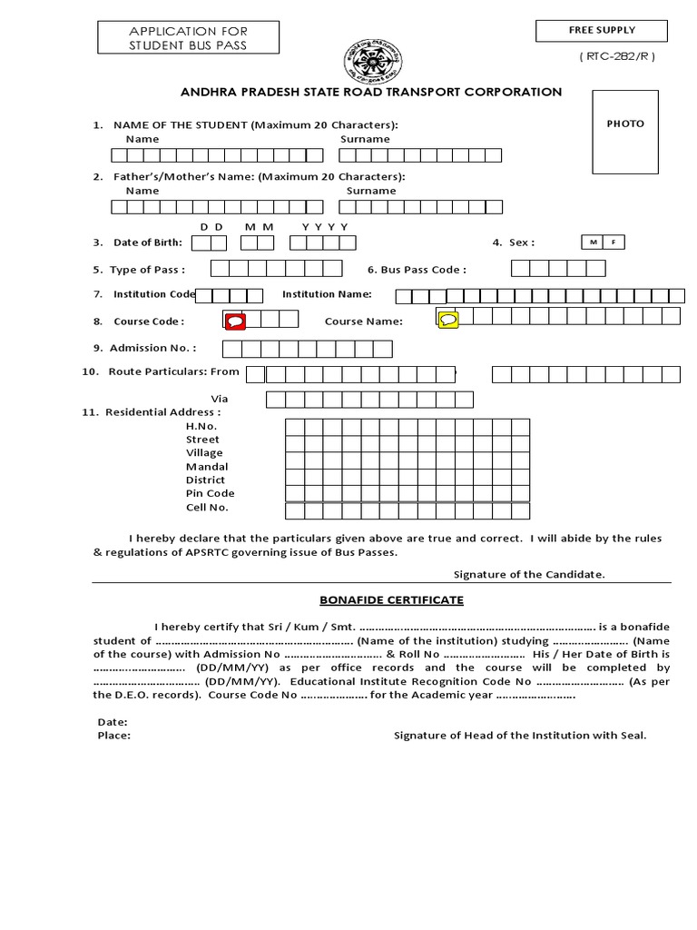 APSRTC Bus Pass Application Form | PDF | Identity Document | Government And Personhood