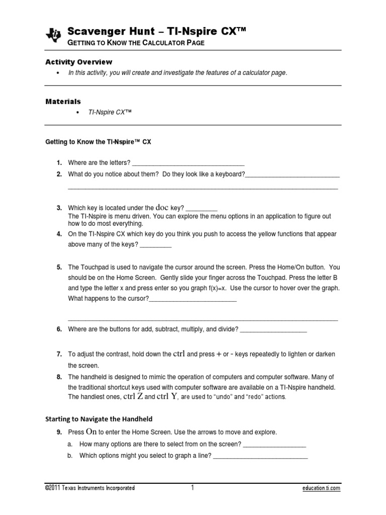 Scavenger Hunt TI NspireCX | PDF | Office Equipment | Areas Of Computer ...