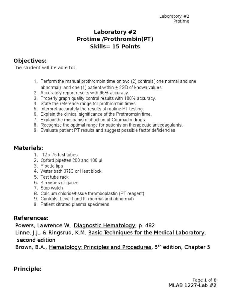 Laboratory #2 Protime /prothrombin (PT) Skills 15 Points Objectives ...