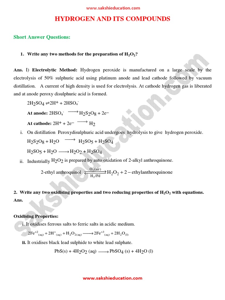 Hydrogen and Its Compounds: Short Answer Questions | PDF | Hydrogen ...