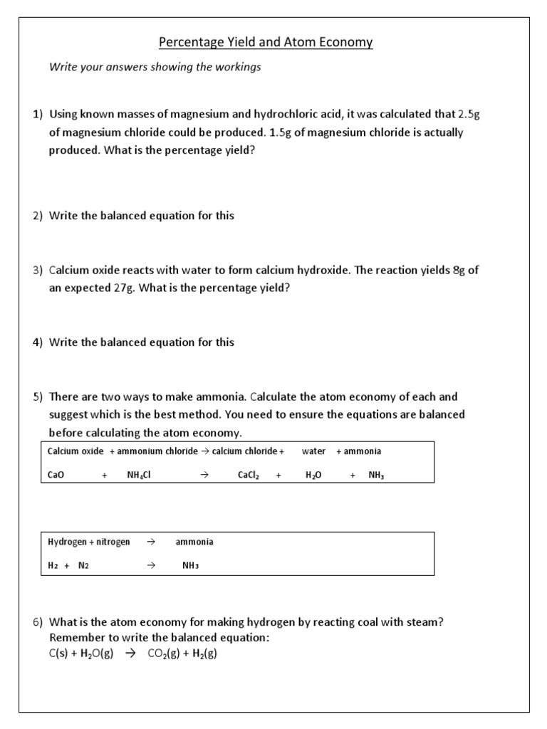 Percentage Yield and Atom Economy Wsheet | PDF