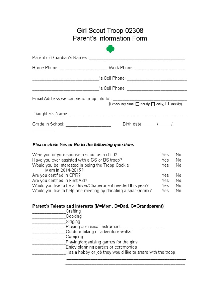 Girl Scout Troop 02308 Parent Form | PDF | Career & Growth